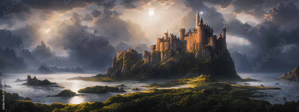 A painting depicting a majestic castle on a hill during a stormy night ...
