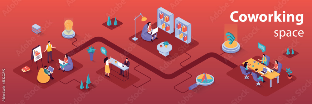 Coworking space concept 3d isometric infographics web banner. People ...