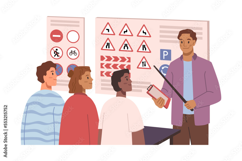 Car education exam, instructor with pointer telling driving rules for ...