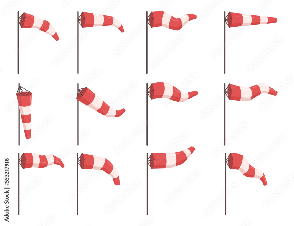 Windsock wind speed and direction chart isolated icons set. Red and ...