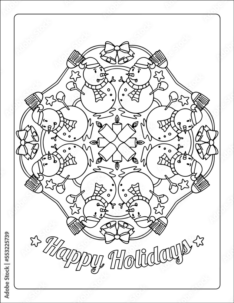 Snowman Mandala Coloring Page Vector illustration, Christmas Coloring ...