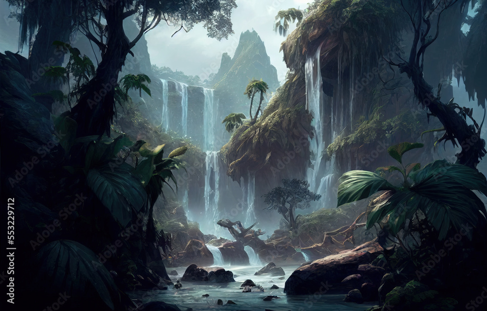 Fantasy scene, wild waterfalls in the jungle. game design inspiration ...
