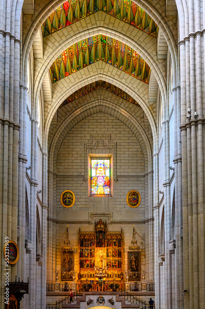 Almudena Cathedral, interior architecture with columns and arches ...