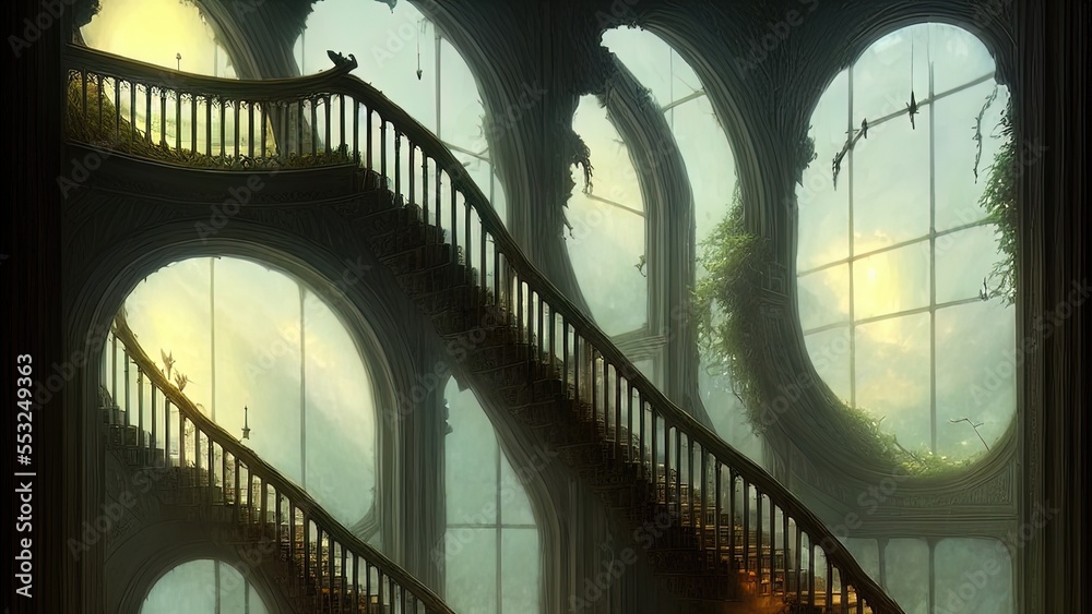 Staircase in the palace leading to the top. Large panoramic windows ...