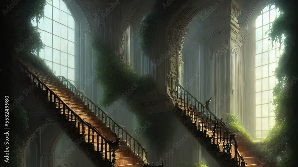 Staircase in the palace leading to the top. Large panoramic windows ...