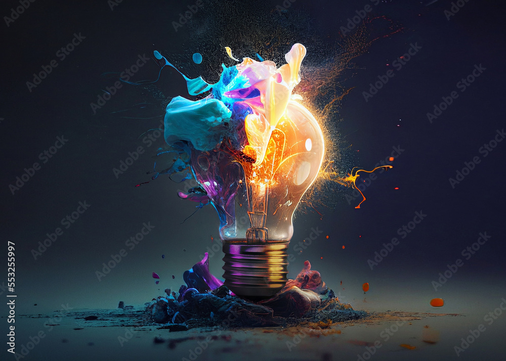 Creative light bulb explodes with colorful paint and splashes on a ...
