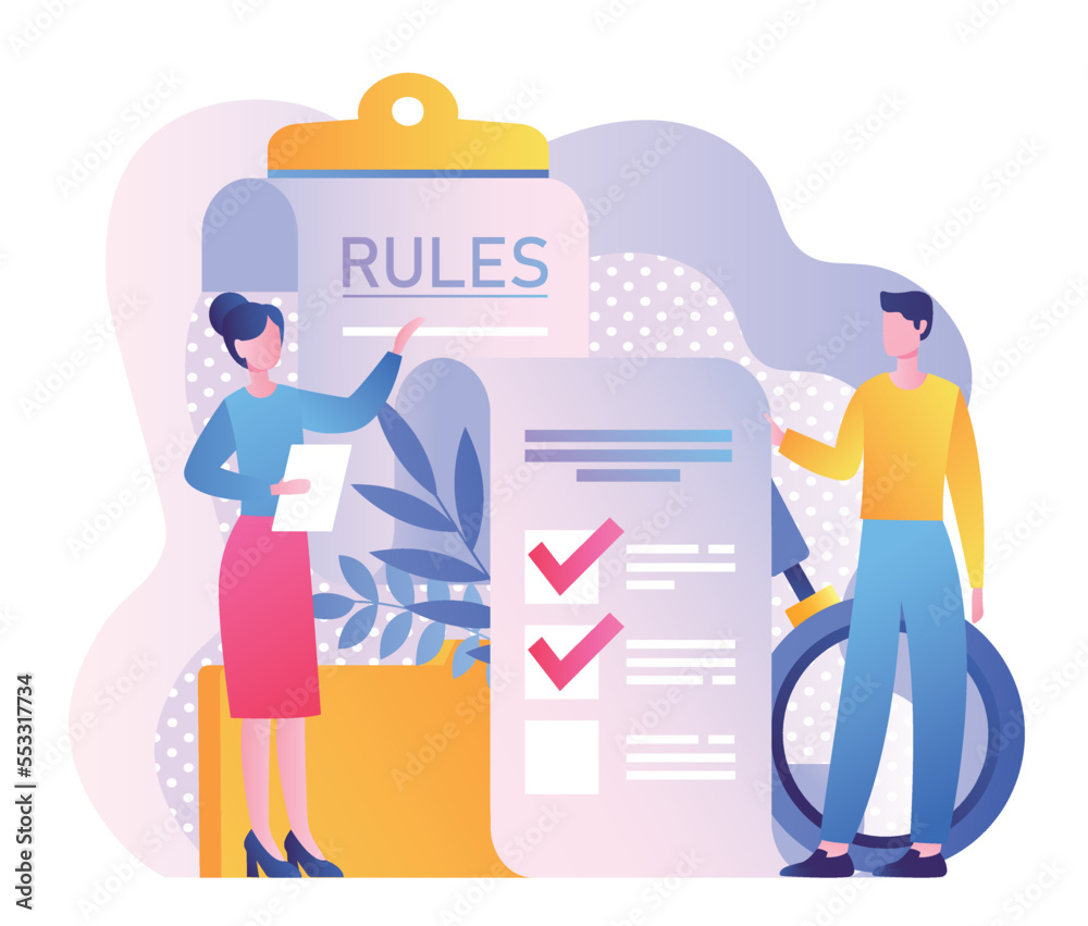 Corporate Rules concept. Man and woman next to large long sheet of ...