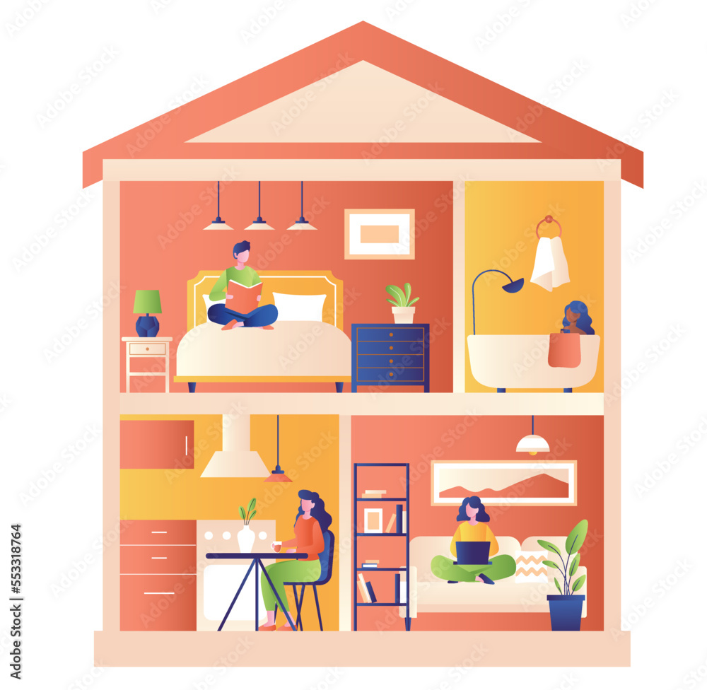 House section view. Man and woman rest and work in different parts of ...