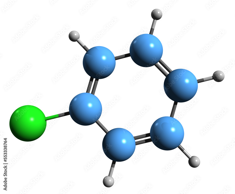 3D image of Chlorobenzene skeletal formula - molecular chemical ...