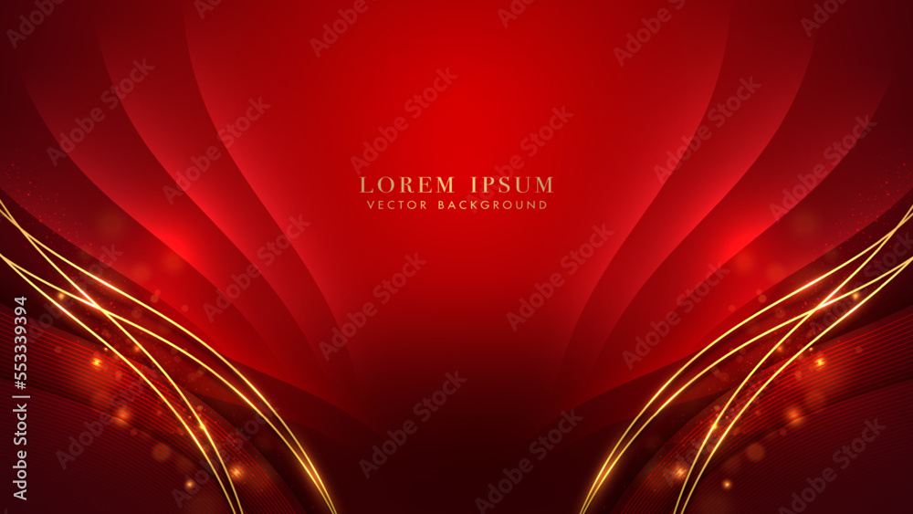 Luxury gold line, red curve, shiny dots effect and bokeh decoration on ...