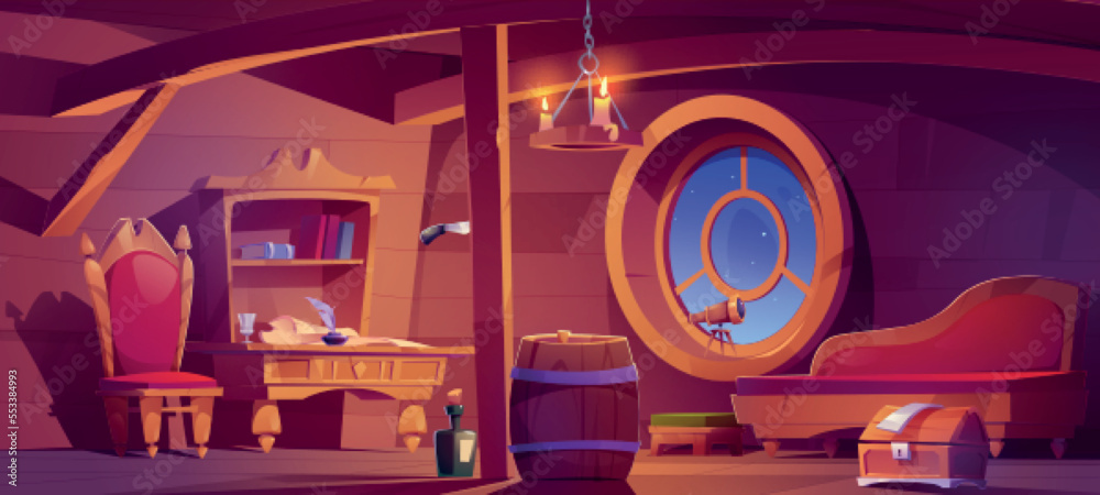 Vektor Pirate captain ship cabin. Wooden room interior with corsair ...