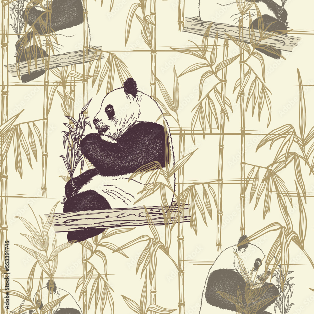 Cute pandas in bamboo thickets. Pen and ink drawing. The Pandas obtain ...