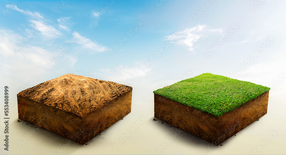 Collection, cubical soil ground cross section with earth land and green ...