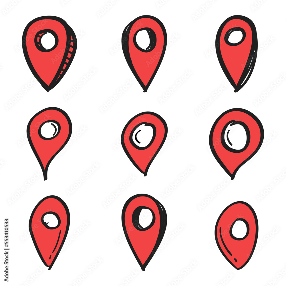 Hand drawn location icon, pin icon, doodle map icon set Stock Vector ...