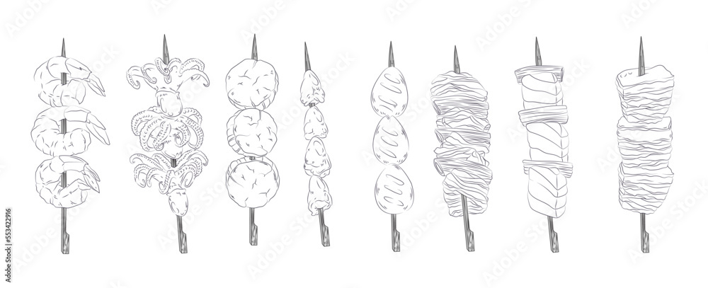 Vector black and white illustration of a Japanese kebab on a skewer ...