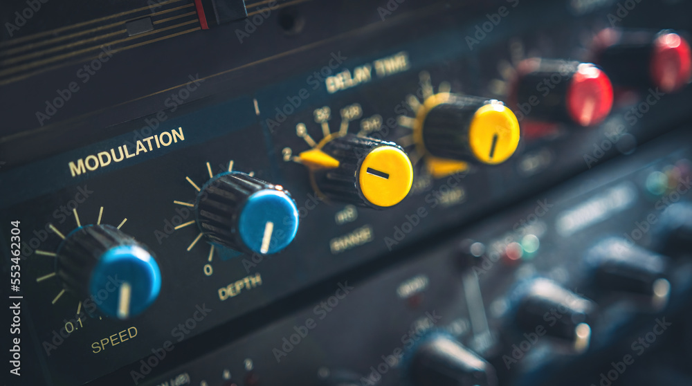 Music mixer panel with equalizer in recording studio closeup ...