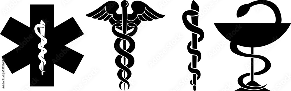 Medical symbol icons set. Star of Life with cross, caduceus, Rod of ...