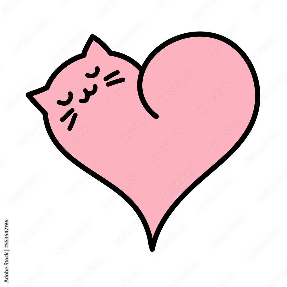 Cute cat in a pink heart shape, illustration over a transparent ...