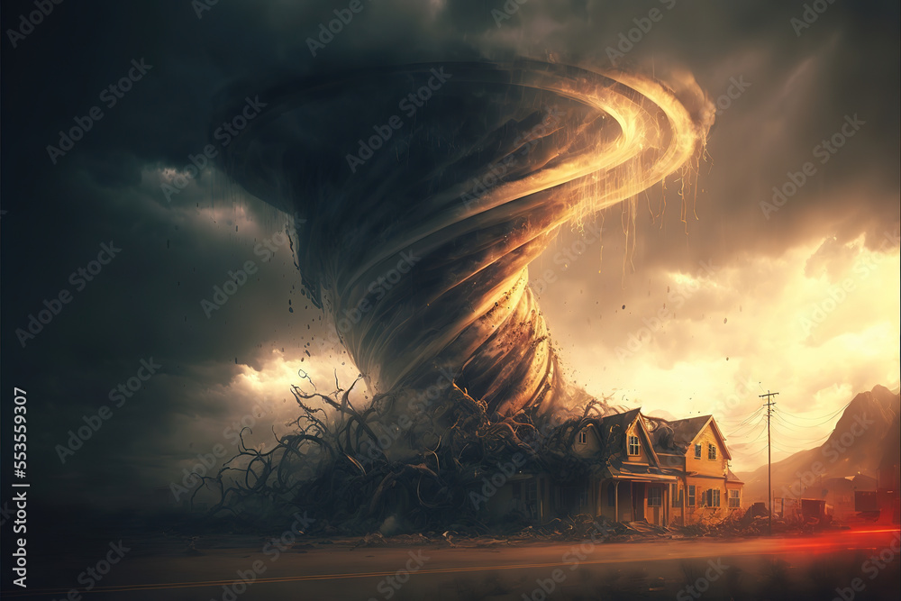 Tornado. Digital art. Massive tornado, cyclone on land with huge clouds ...