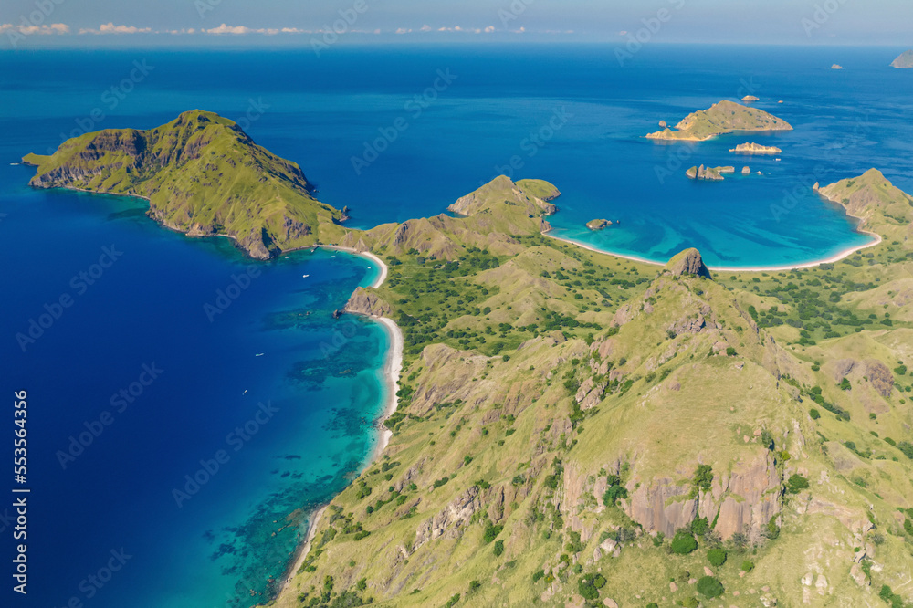 Aerial view of the ocean and Padar Island in Komodo National Park; East ...