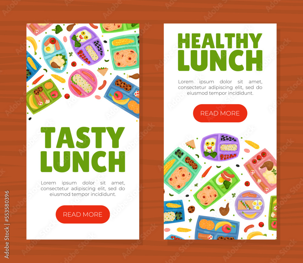 Tasty Lunch Box Banner Design with Healthy Meal for Kids Vector ...