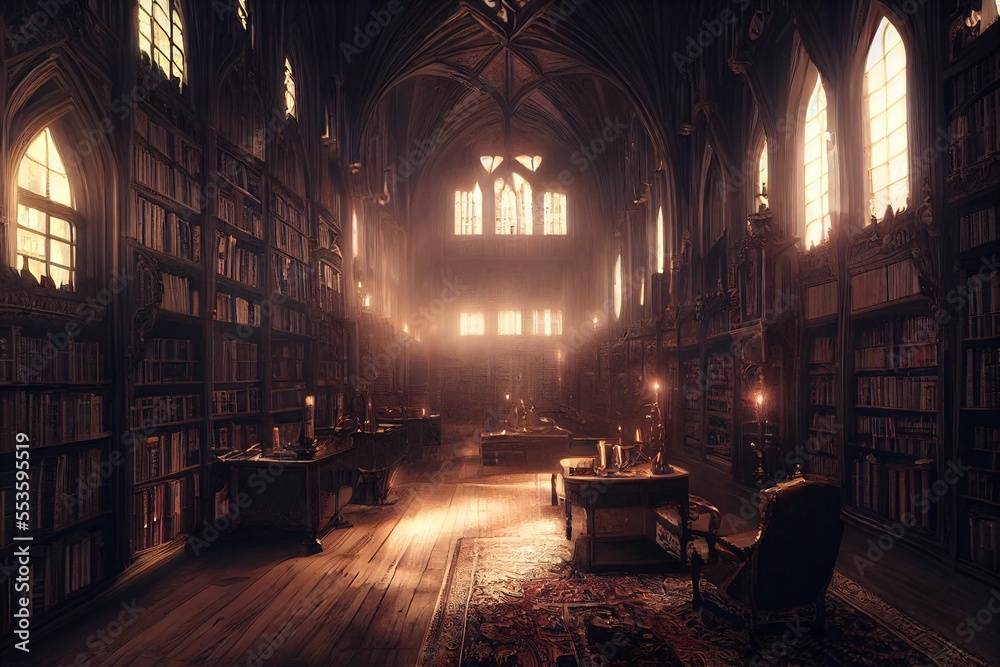 medieval library, gothic reading room interior with desks, old mysterious castle, fictional ...