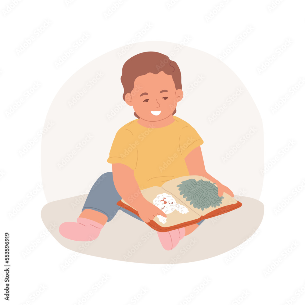 Baby book isolated cartoon vector illustration. Smiling baby playing ...