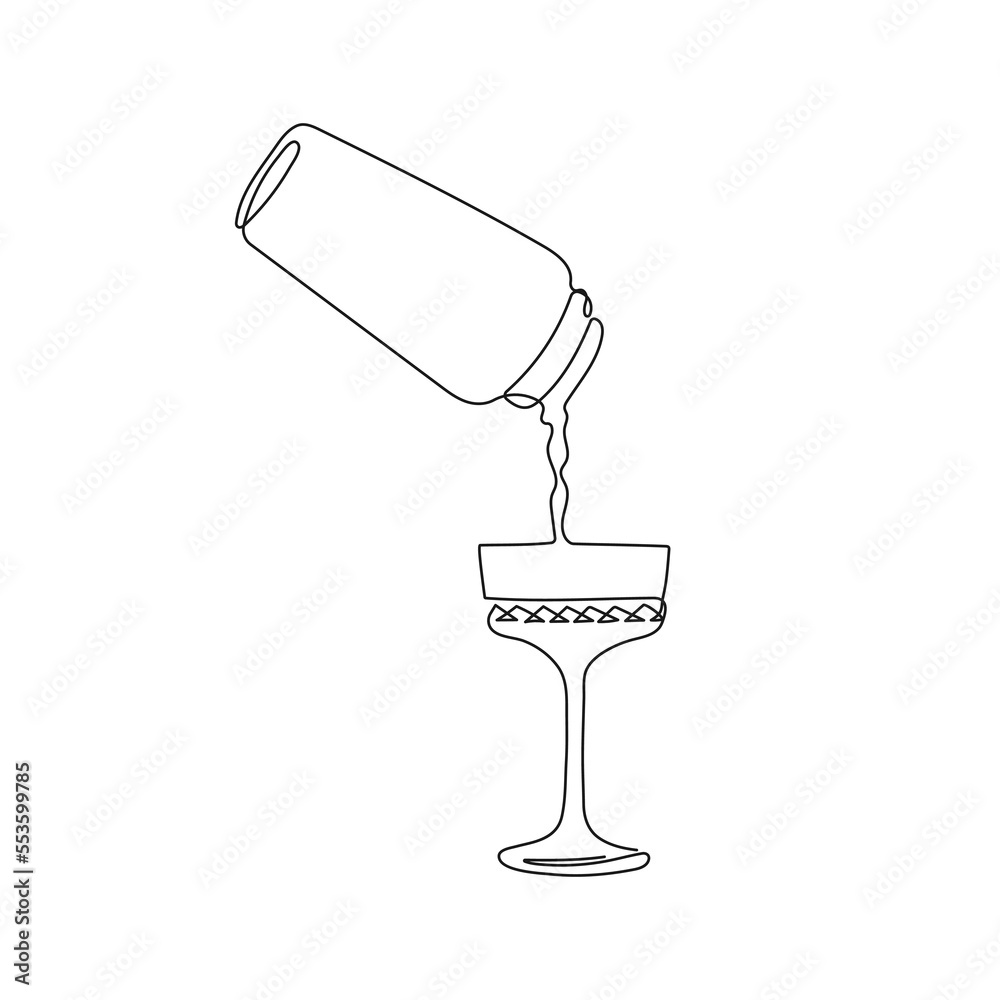 Pouring drink from shaker to glass. One line drawing. Strain drink into ...