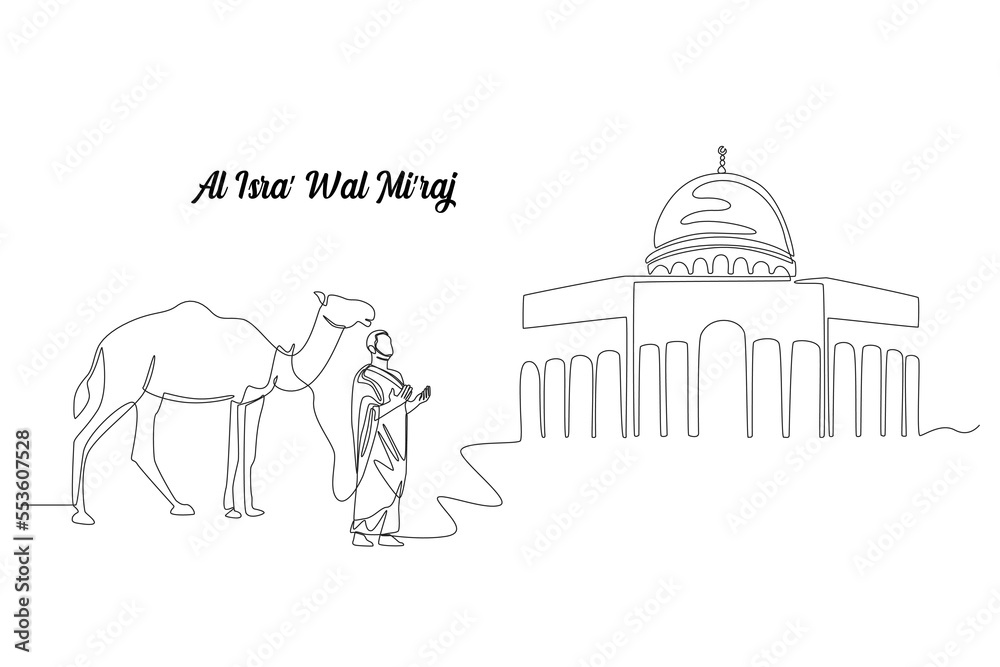 Continuous one line drawing Muslim with camel praying in front of al ...
