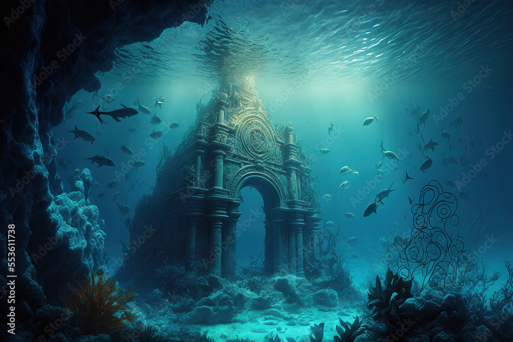 Underwater ancient city in the depths of the ocean. Atlantis lost world. ancient sunken ...