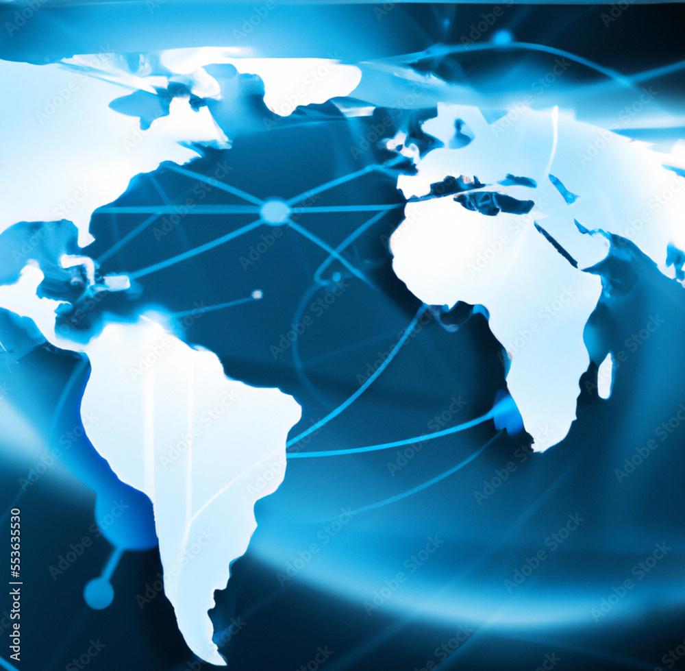 Blue and white world map with international network created with ...