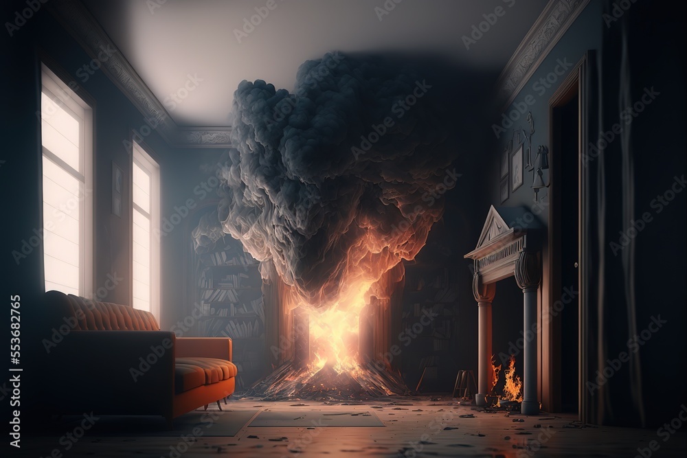 Fire flames engulfed the house and clouds of black smoke inside a ...