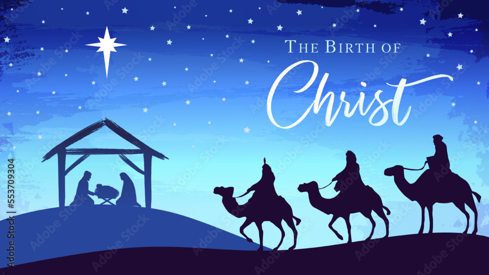 Nativity scene with Bethlehem star, Jesus in manger and wise men. Holy ...