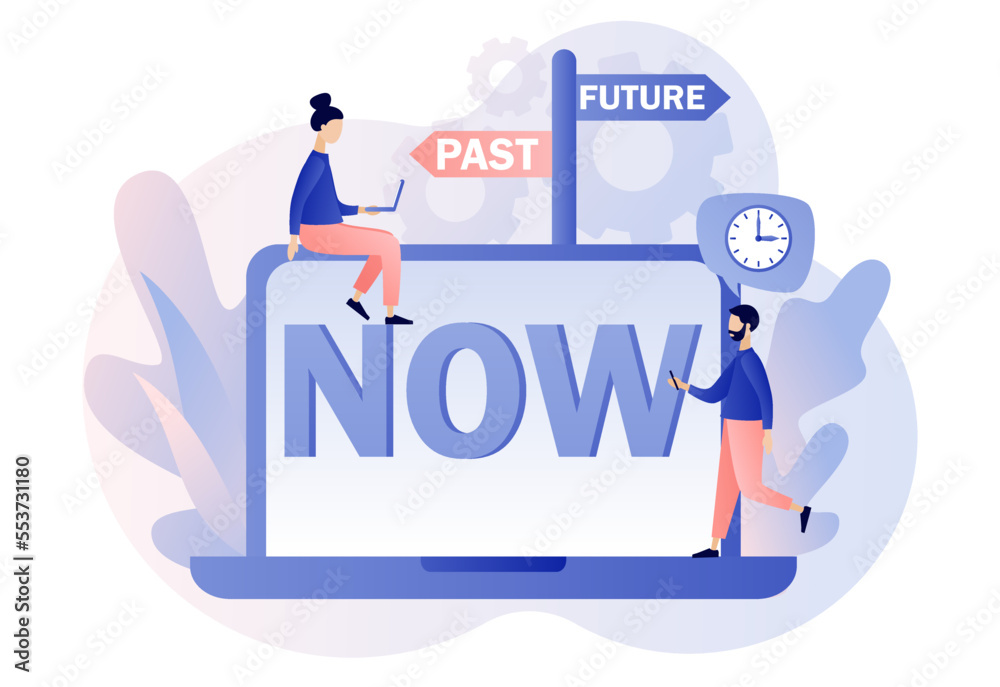 Past, future, now concept. Tiny man choice between past and future ...