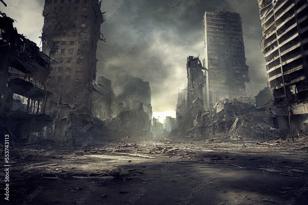 A post-apocalyptic ruined city. Destroyed buildings, destroyed roads ...