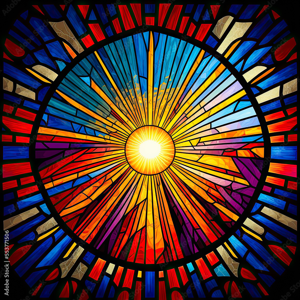 Stained glass window of the sun. Generative AI Stock Illustration ...
