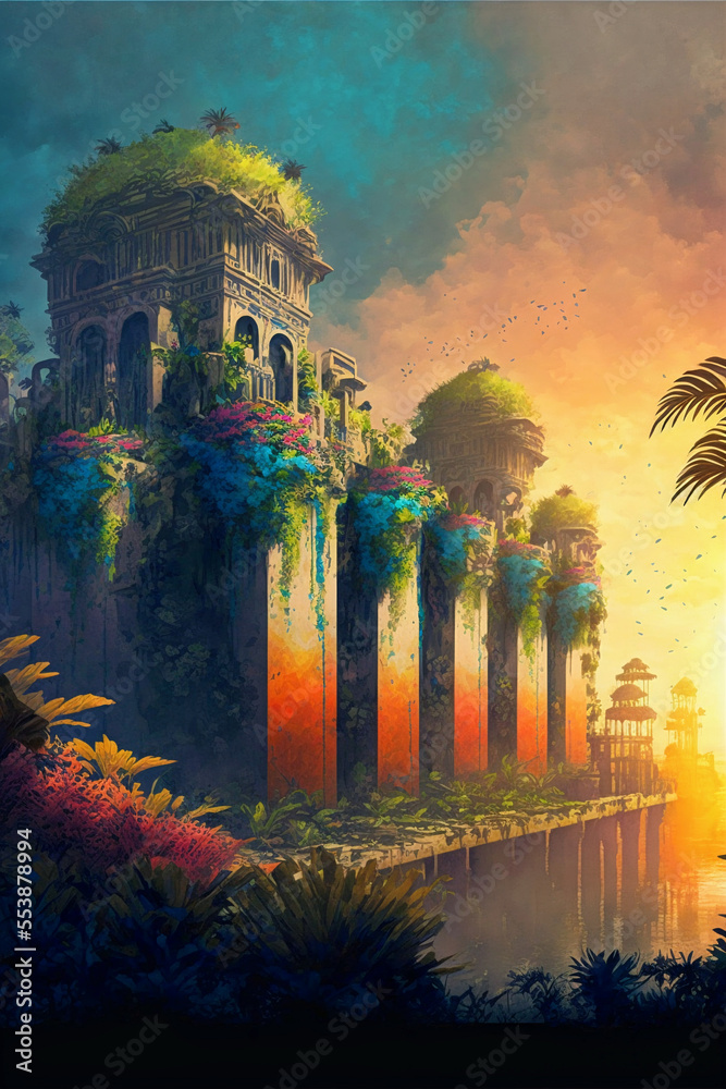 Watercolor of an Ancient Walled Stilt City that is Overgrown with ...