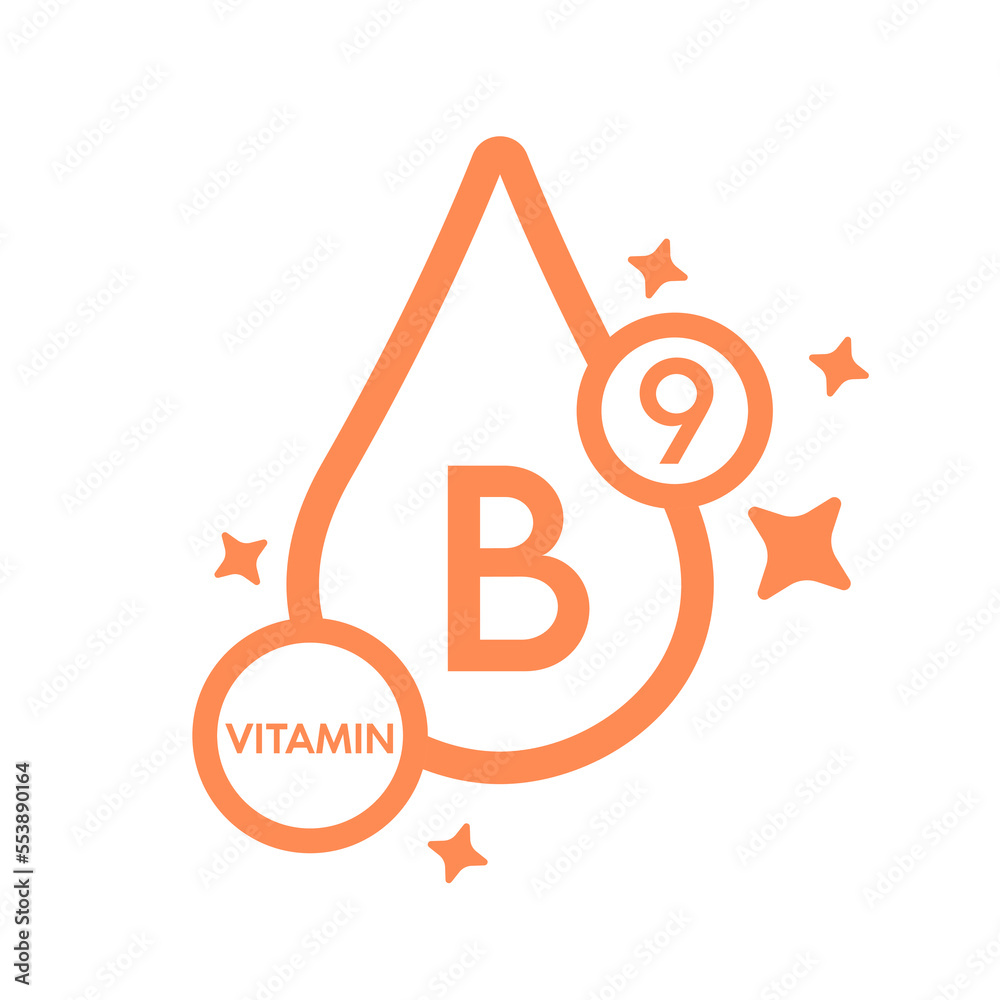 Simple drop water line vitamin B9 icon symbol orange isolated on a ...