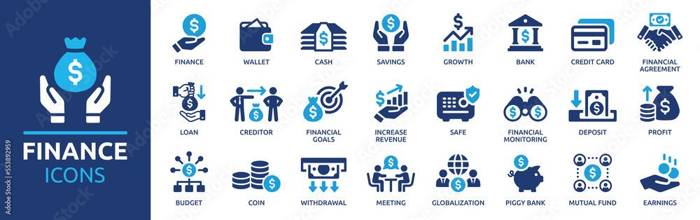 Finance icon set. Containing loan, cash, saving, financial goal, profit ...