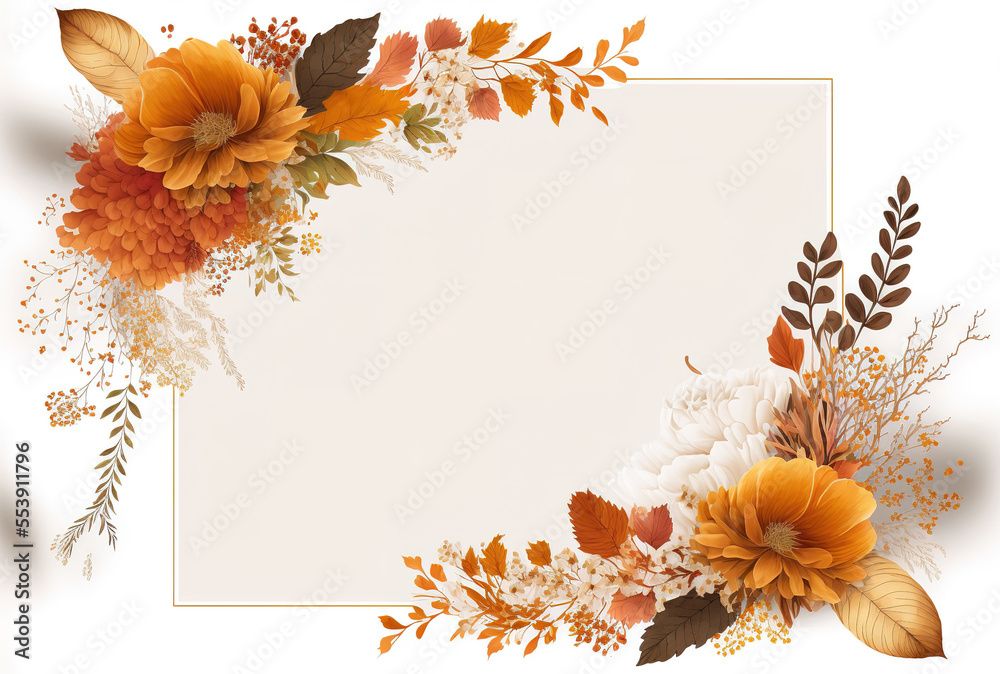 Fall floral rectangular corner border on white backdrop with watercolor ...