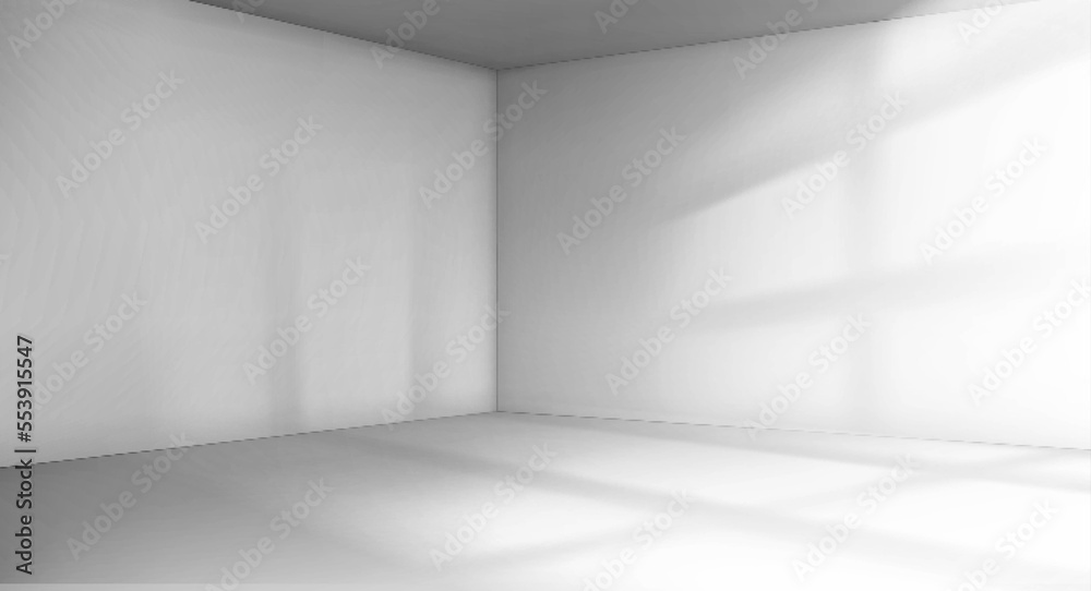 Room corner with sunlight shadow from window. Empty interior with white ...