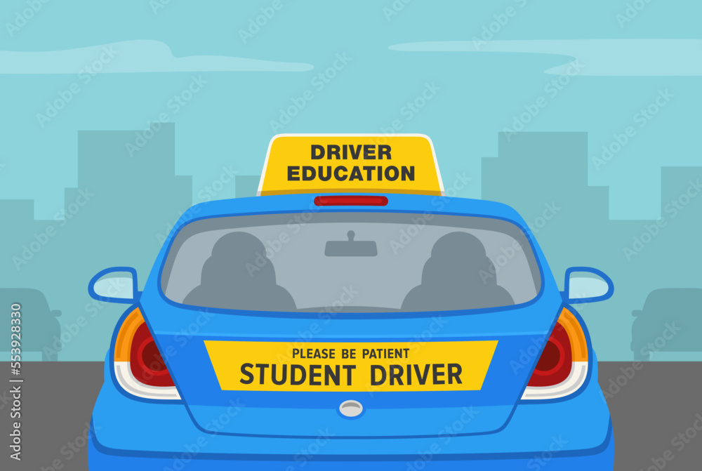 Car driving practice. Please be patient, student driver. Back view of a ...