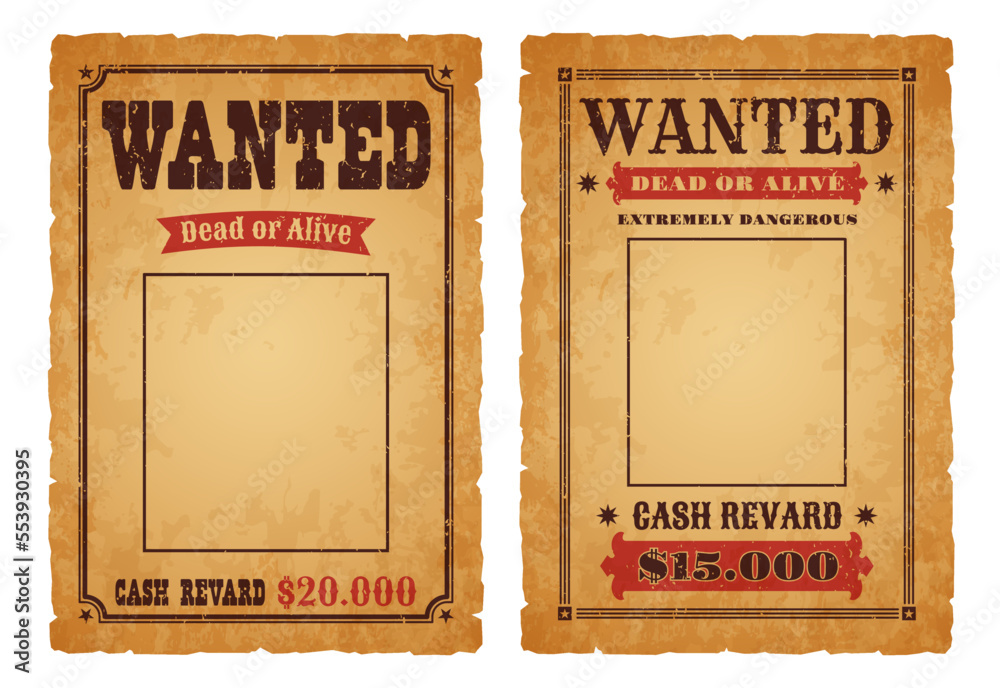 Western wanted, dead or alive vintage banner. Wild West criminal or ...