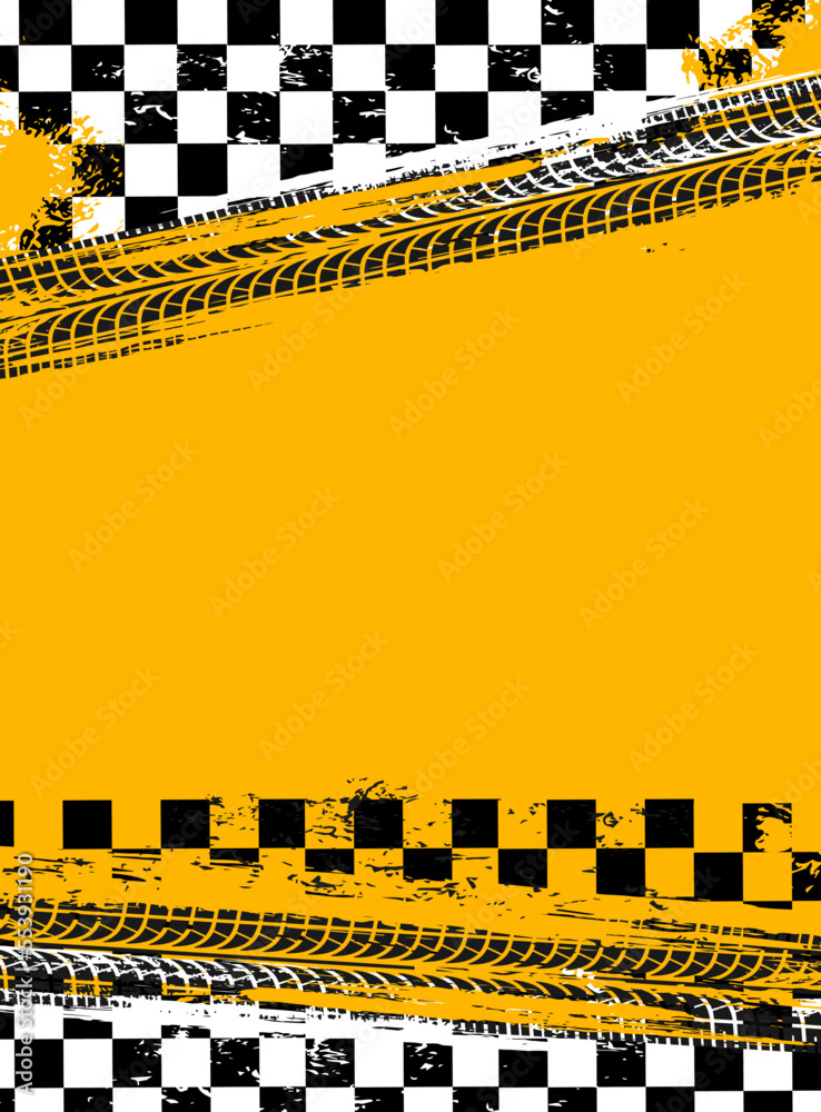 Grunge race sport flag background. Vector design with black racing tire ...