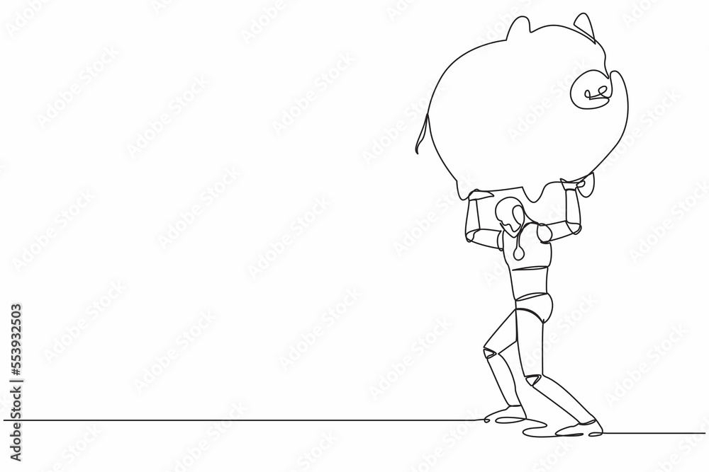 Continuous one line drawing tired robot carrying heavy piggy bank on ...