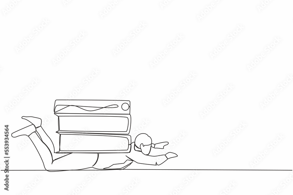 Single continuous line drawing depressed businessman under heavy stack ...