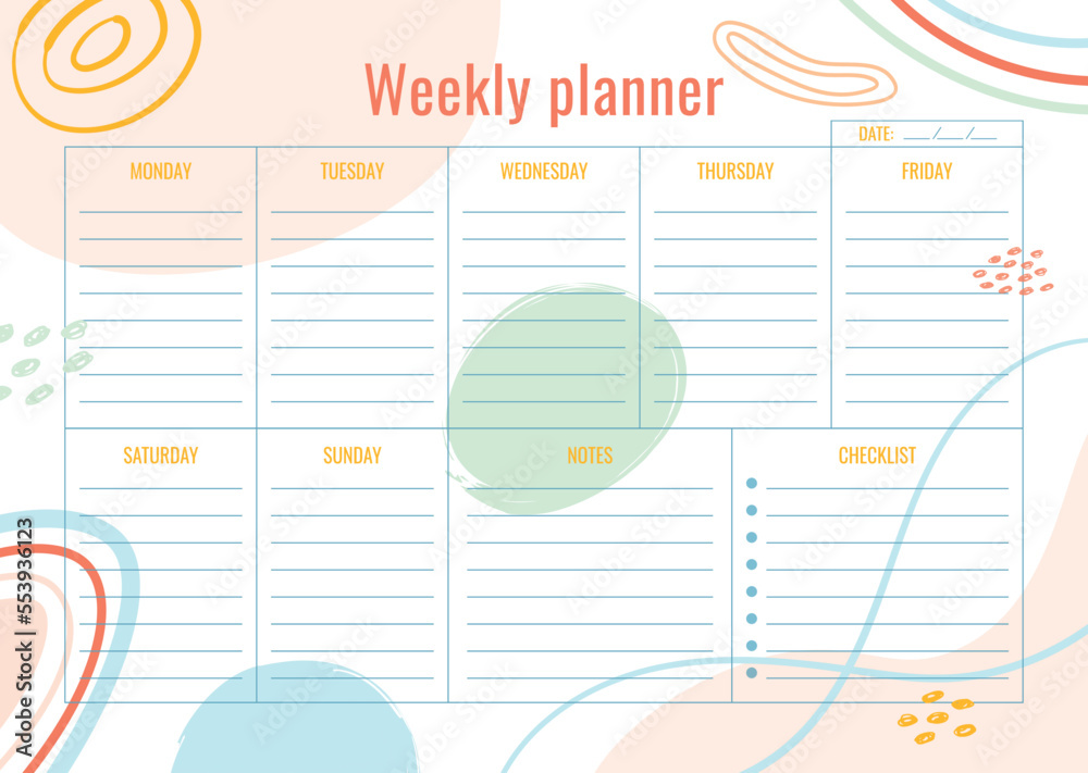Horizontal personal weekly planner template. Page A4 with abstract ...