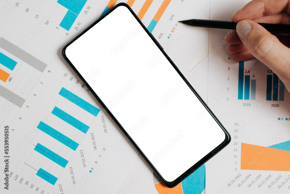 Mobile phone mockup at workplace. Top view smartphone with blank white ...