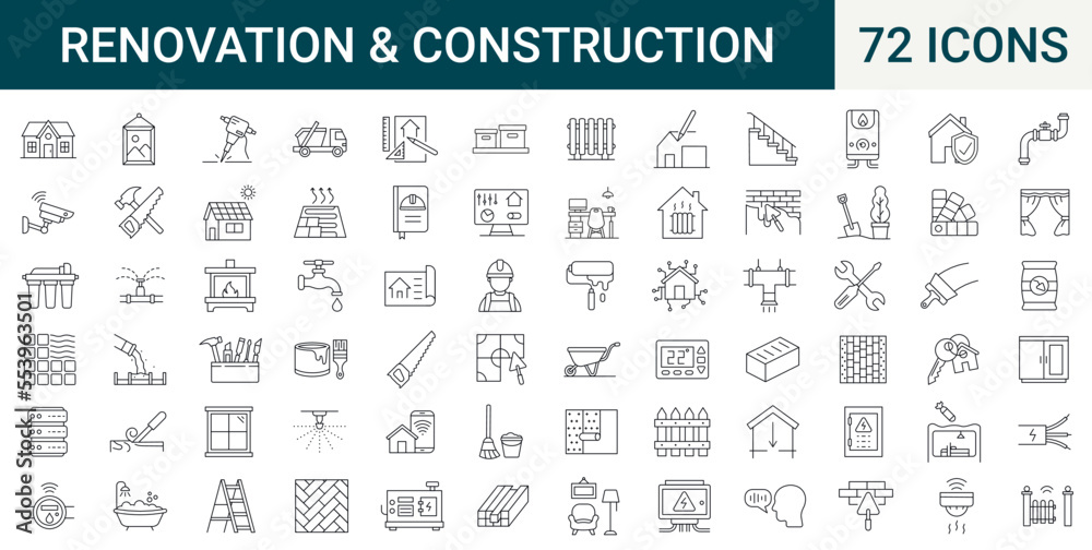 Set of 72 outline web icons. construction, home repair, renovation ...