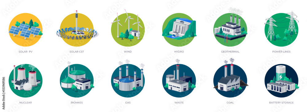 Electric energy power station generation types. Mix of solar, water ...